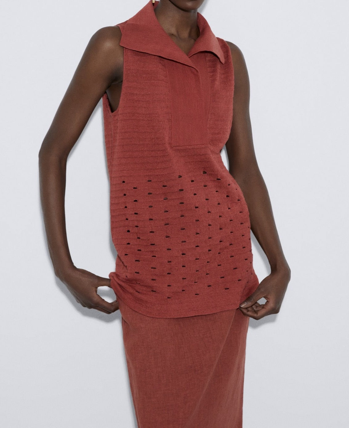 Brick Red Linen Knitted Openwork Top – Love Persimmon