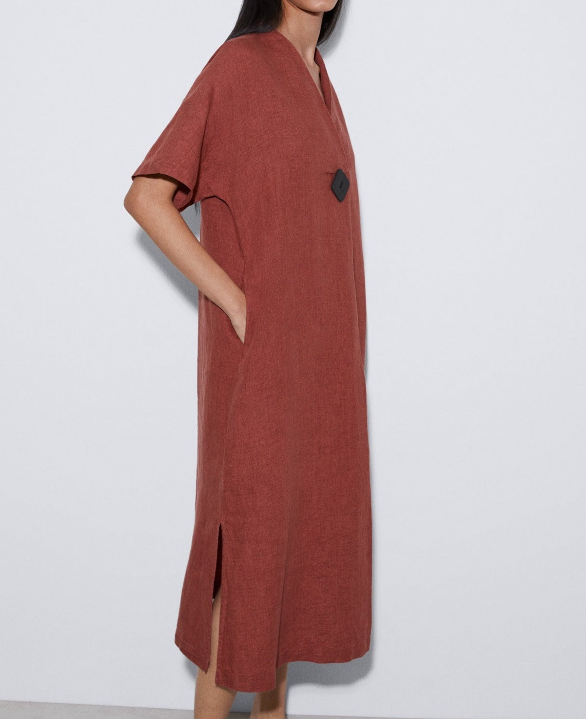 Brick Red Straight Line Dress In European Linen – Love Persimmon