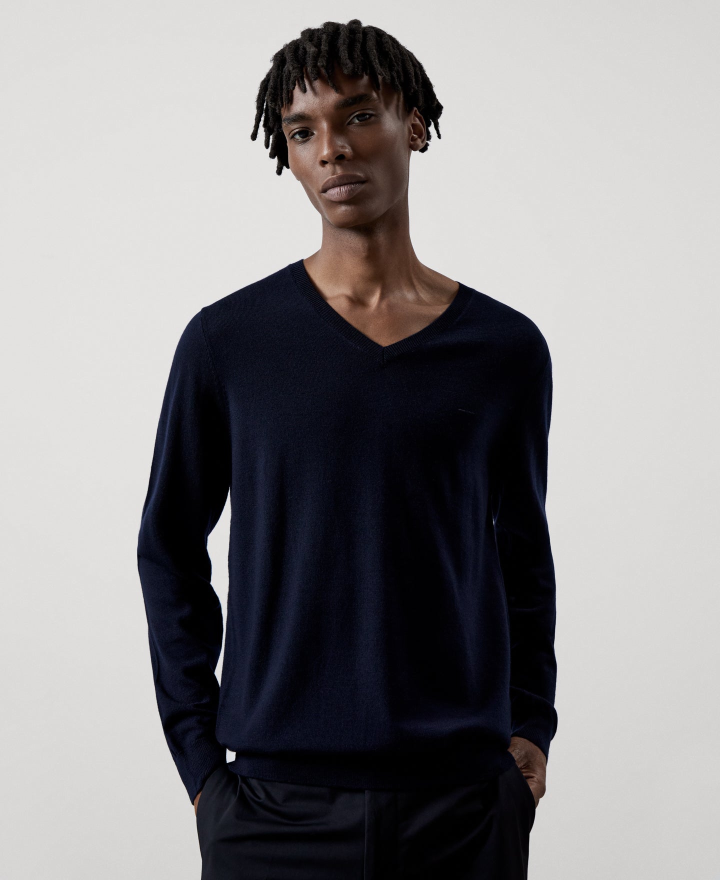 Navy Blue Merino Wool V-Neck Sweater – Love Persimmon