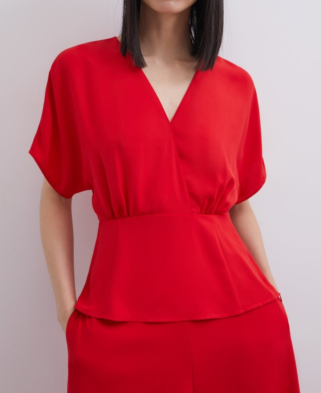 Red Drop Sleeve Top With Crossed Neckline – Love Persimmon